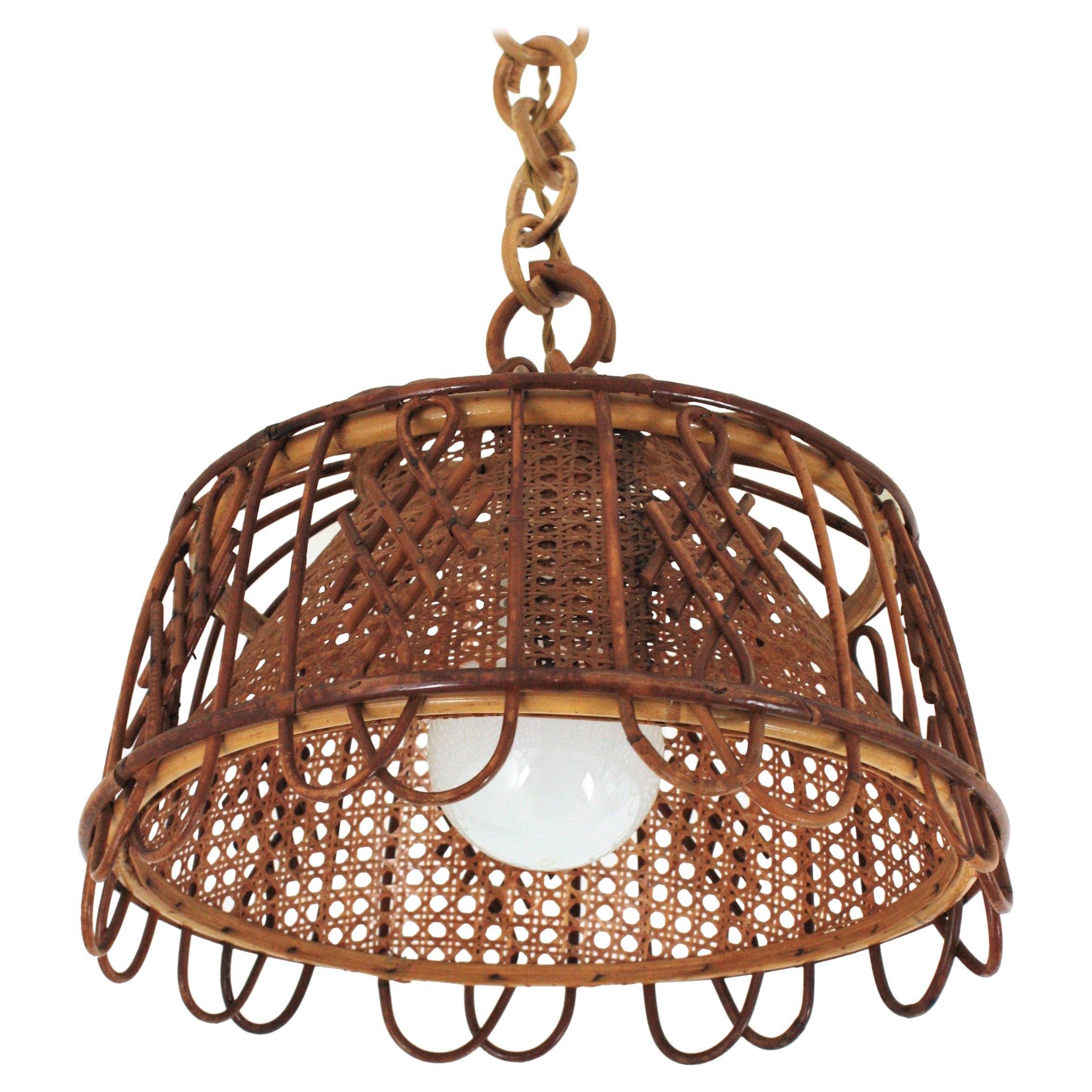 Pair of Rattan and Wicker Wire Bell Pendants or Hanging Lights, 1960s ...