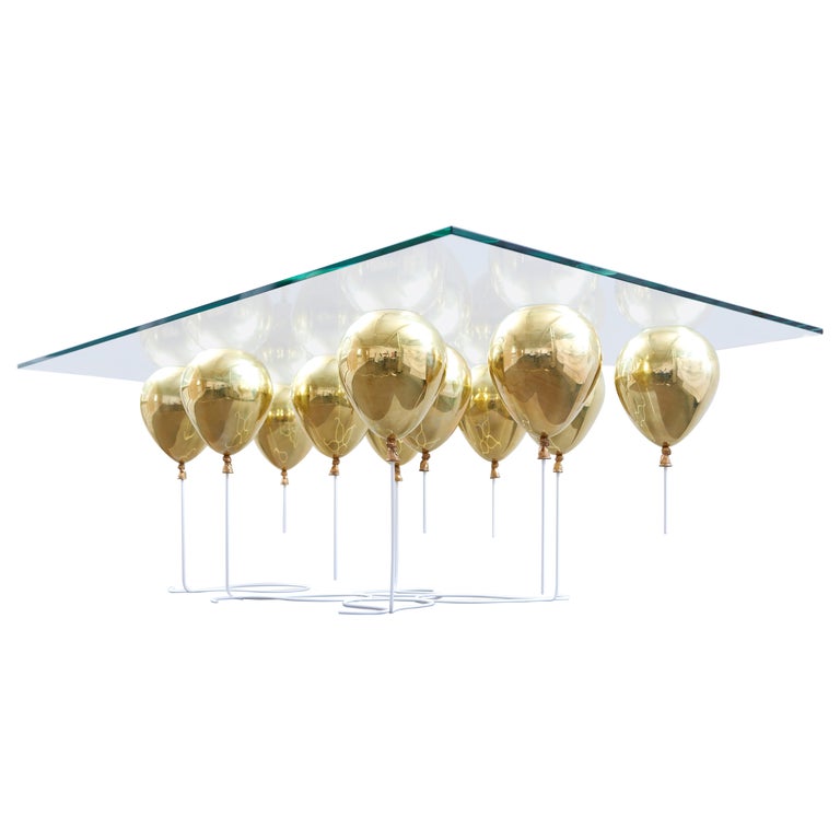 Rectangular Balloon Coffee Table in Gold with Glass For Sale at 1stDibs