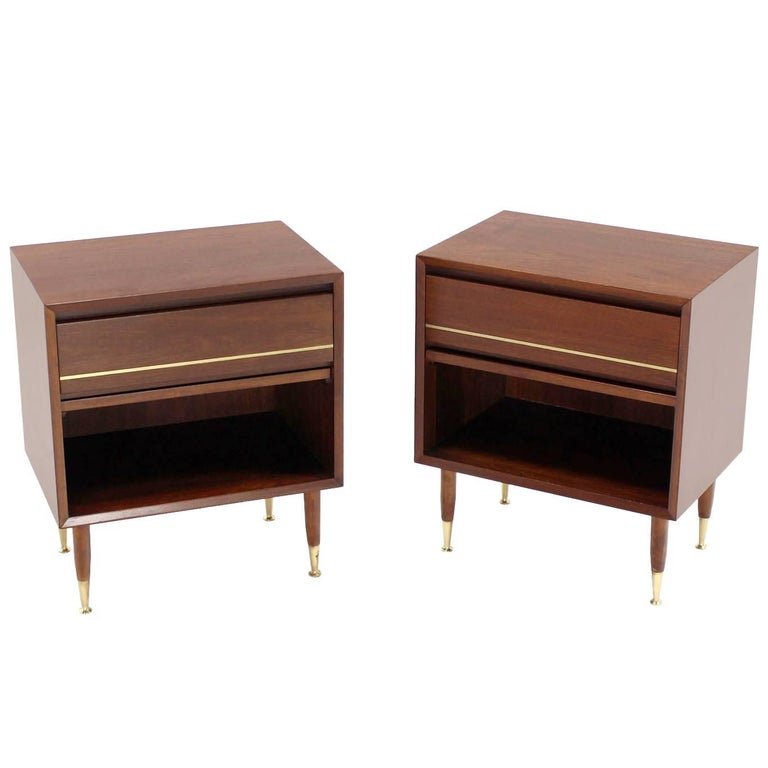 Pair of Danish Modern One Drawer Night Stands Brass Tip Legs Cube Shape ...