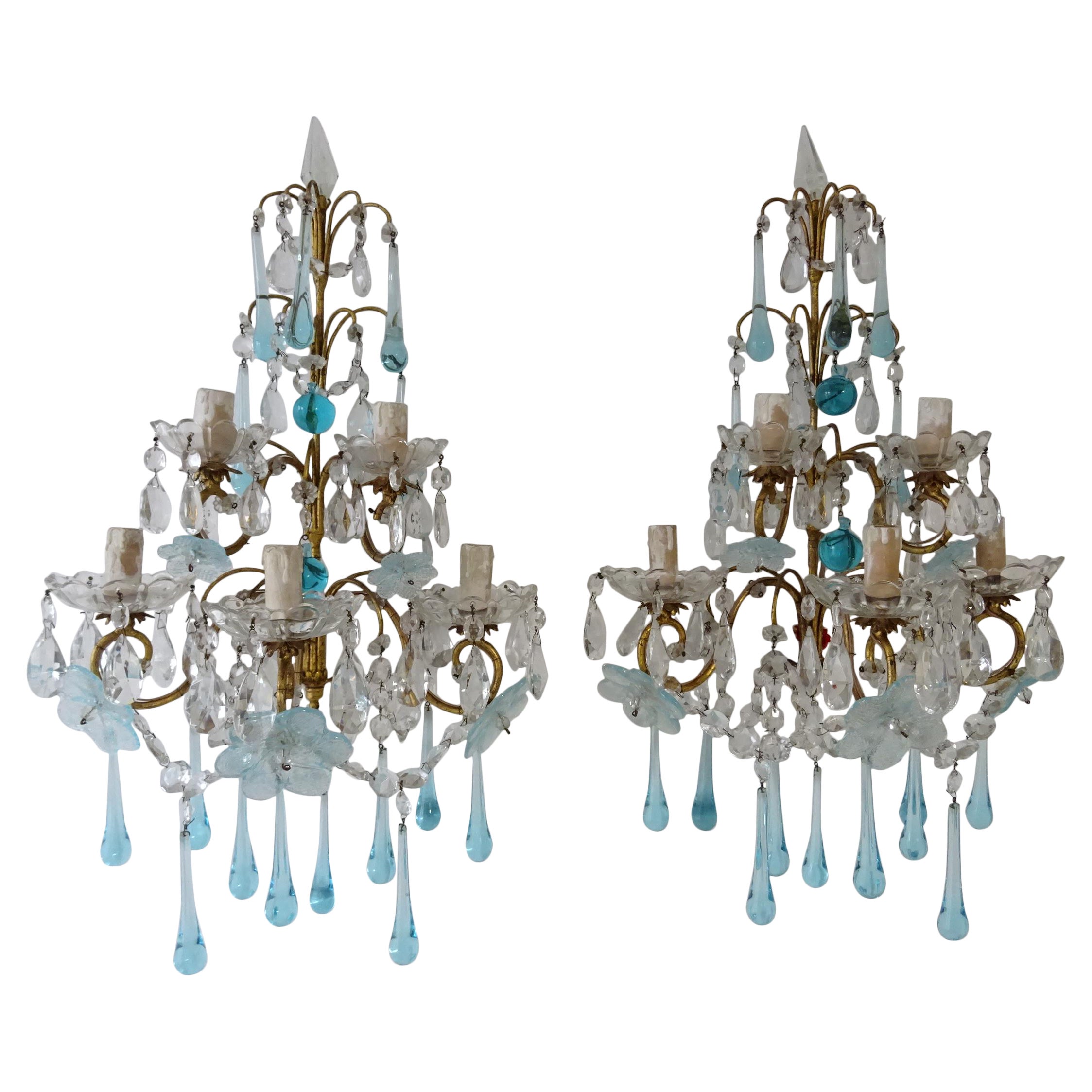 Italian Beaded Aqua Flower Prism Sconces For Sale at 1stDibs