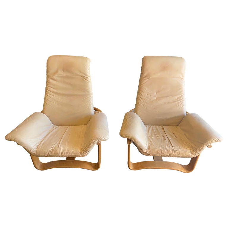 Beech and Buff Leather Scandinavian Lounge Chairs, 1970's at 1stDibs