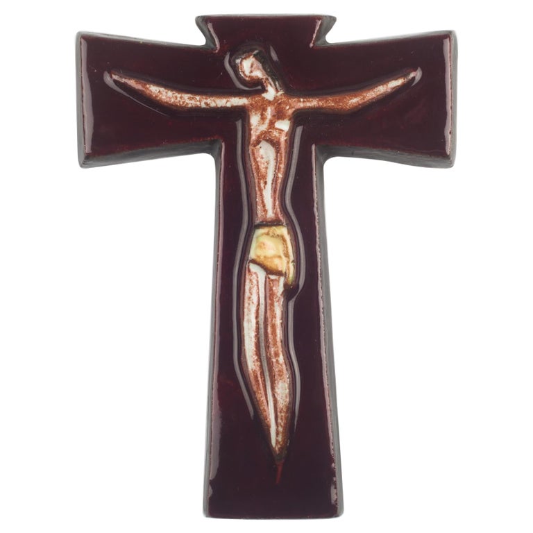 European Ceramic Crucifix, Brown, White, 1970s For Sale at 1stDibs