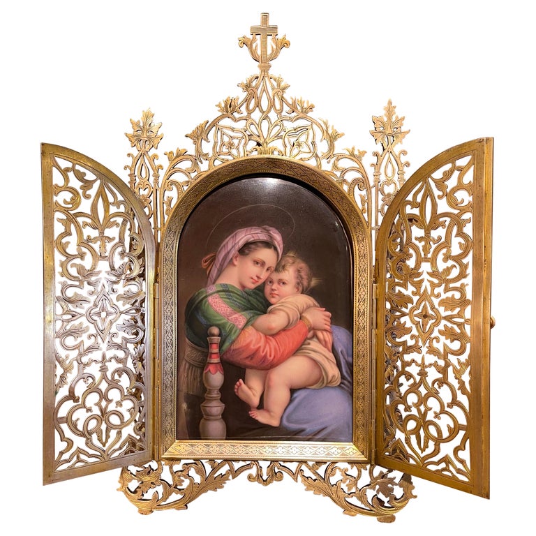 19th Century French Bronze and Hand Painted Porcelain "Madonna and Child" Triptych at 1stDibs