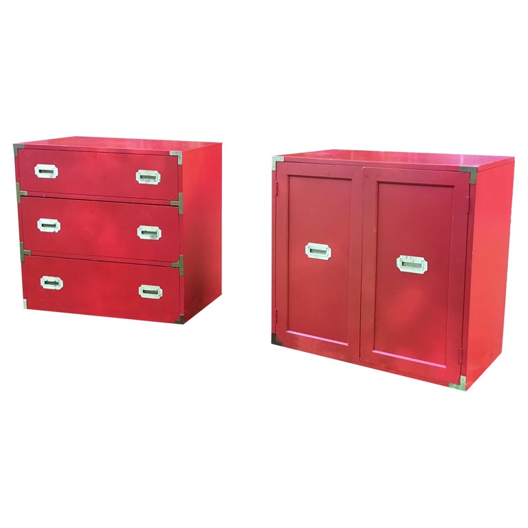 Campaign Chests Pair Mid Century Orange Brass Details For Sale at 1stDibs