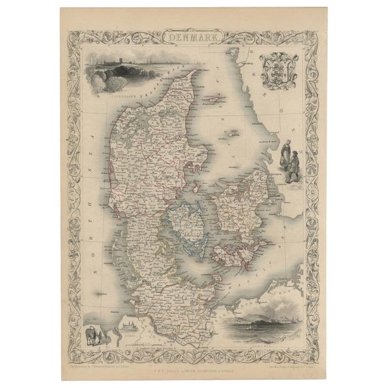 Antique Map of Denmark with Vignettes of Copenhagen, Elsinore and ...