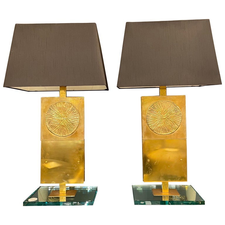 Pair of Italian Table Lamps in Bronze with Sun Decorations, circa 1980 ...