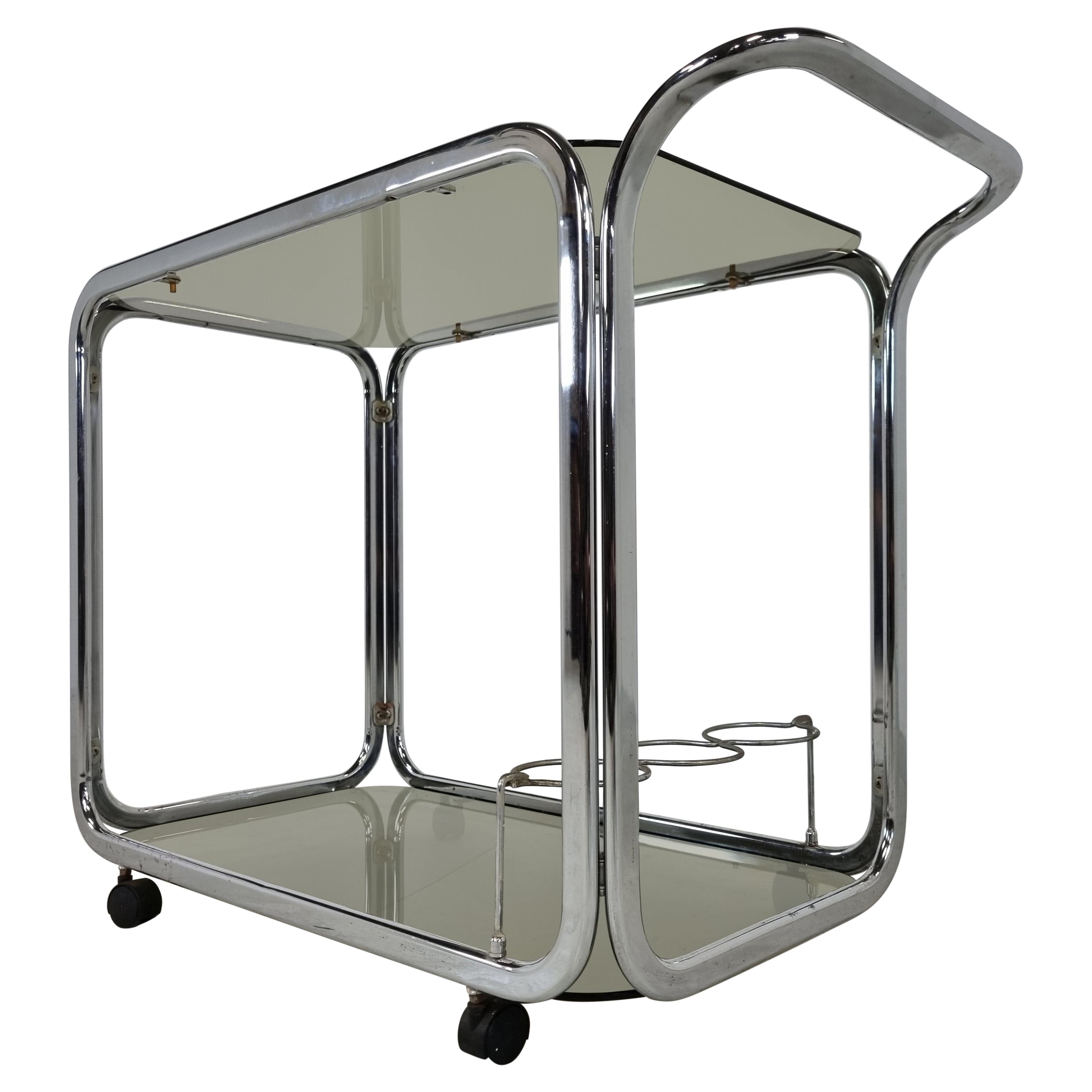 Vintage Serving Trolley or Bar Cart, Black Glass and Chrome, Italy ...