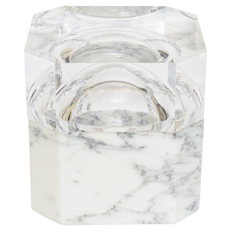 Carrara White and Gray Marble and Lucite Swivel Ice Bucket Vintage ...