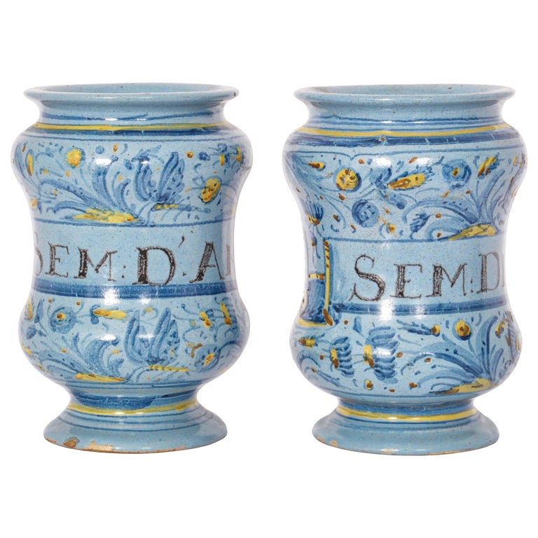 Pair Antique Italian Maiolica Pottery Albarelli Medicine Apothecary ...