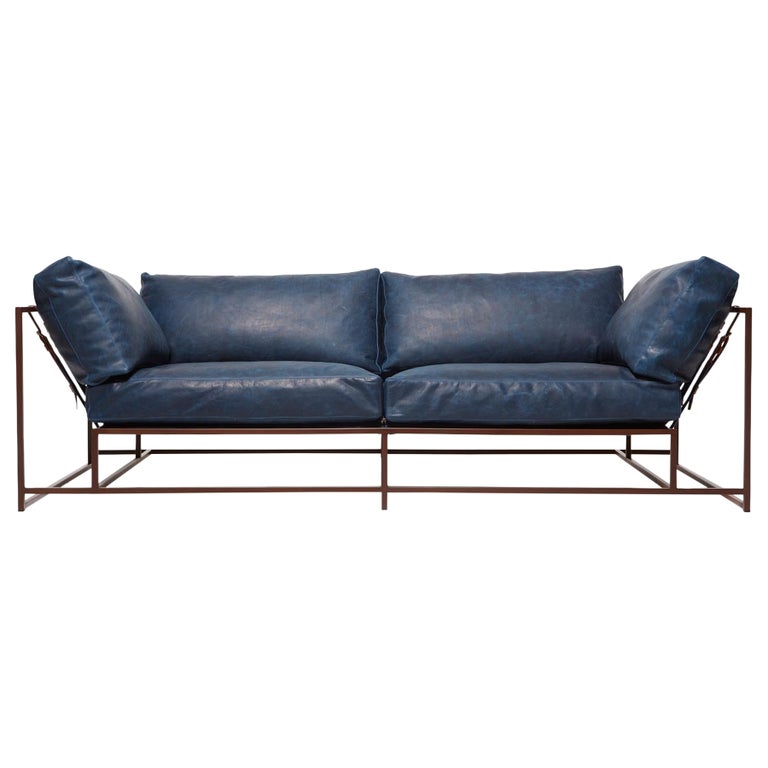Waxed Navy Leather and Marbled Rust Two Seat Sofa For Sale at 1stDibs ...
