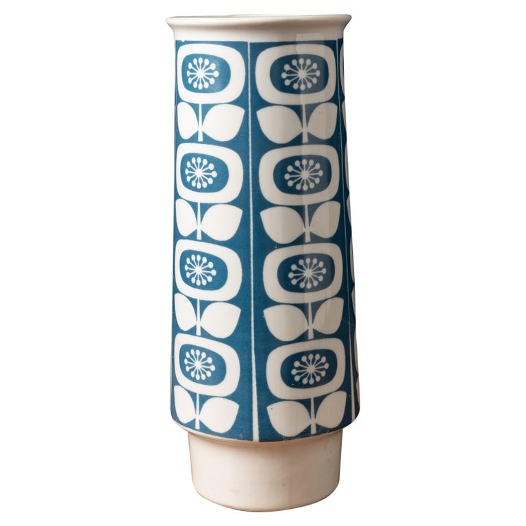 Vintage Ceramic Vase with Blue Flower Pattern For Sale at 1stDibs