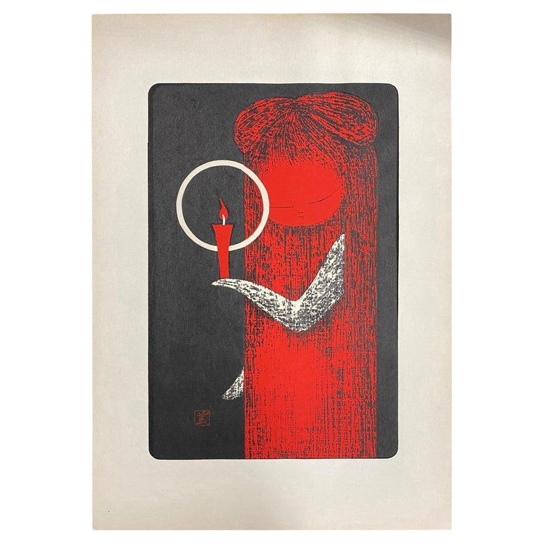 Kaoru Kawano Japanese Woodblock Print Girl with Candle Light Flame For ...