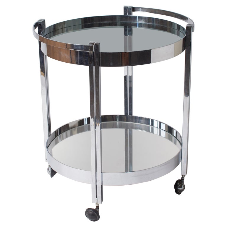 1970s Italian Chrome Smoked Glass and Mirror Circular Bar Cart at 1stDibs