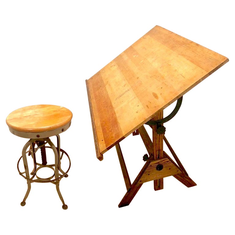 Vintage Drafting Table Wood Cast Iron Adjustable Drawing Table Stool For Sale at 1stDibs
