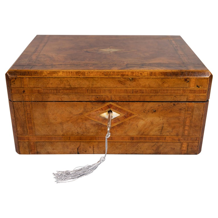 19th Century English Banded Walnut Box, Lock and Key at 1stDibs