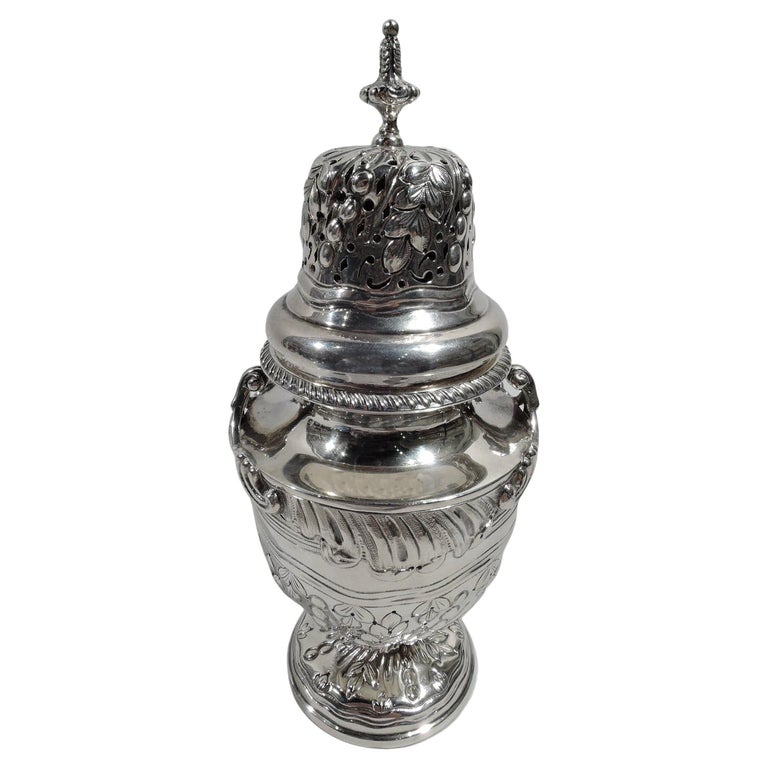 English Edwardian Classical sterling silver sugar caster, 1905. Ovoid ...