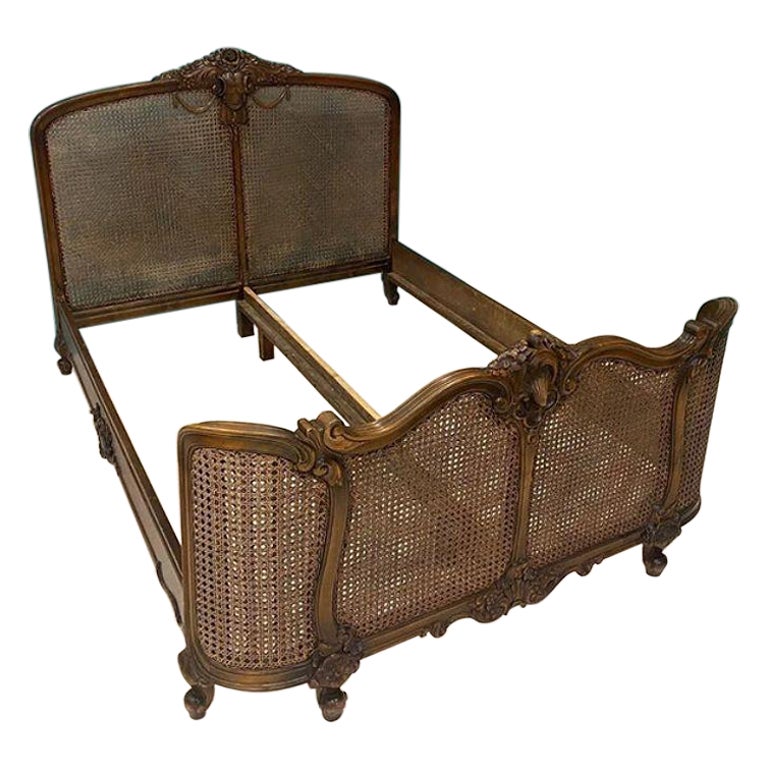 King Size (5') Antique Italian Caned Bed with a Dark Wood Walnut Frame ...