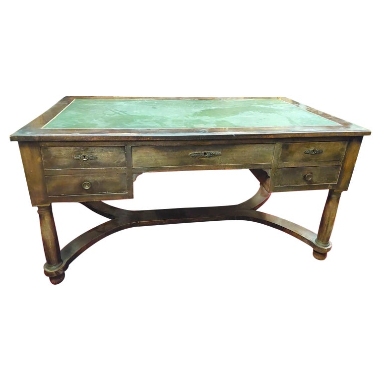 Antique Vintage Writing Desk in Walnut, Drawers and Green Leather, 19th ...
