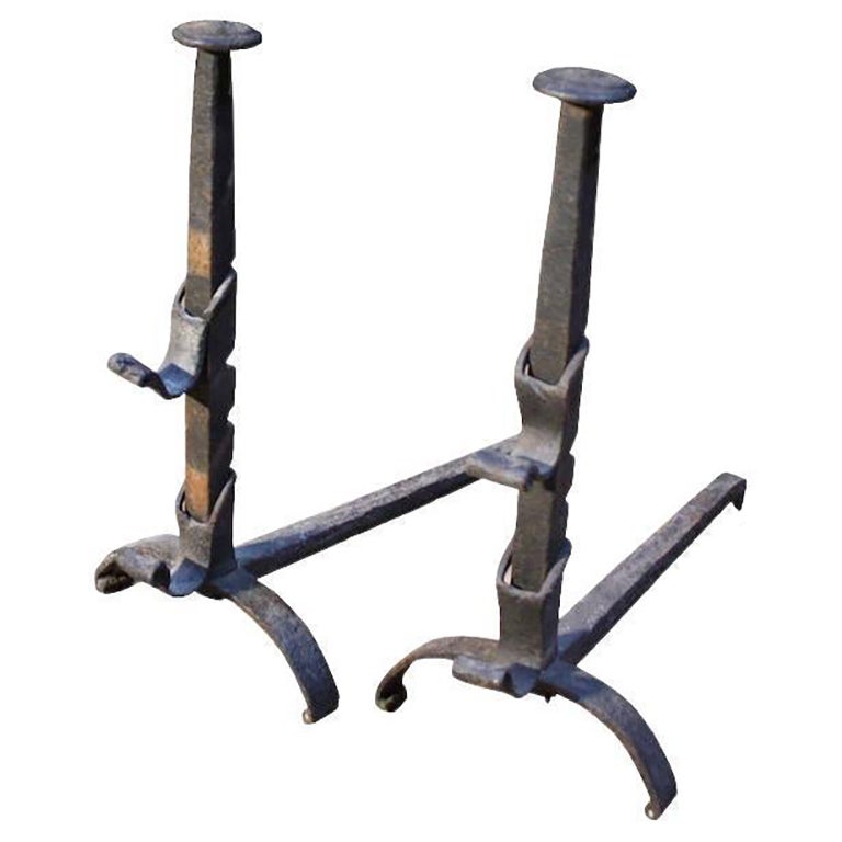 Pair of Antique Wrought Iron Andirons For Sale at 1stDibs
