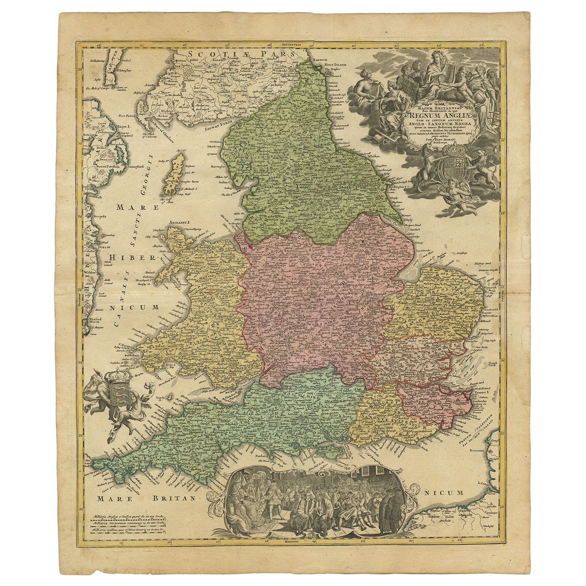 Antique Map of England and London with Two Large Allegorical Views, c ...