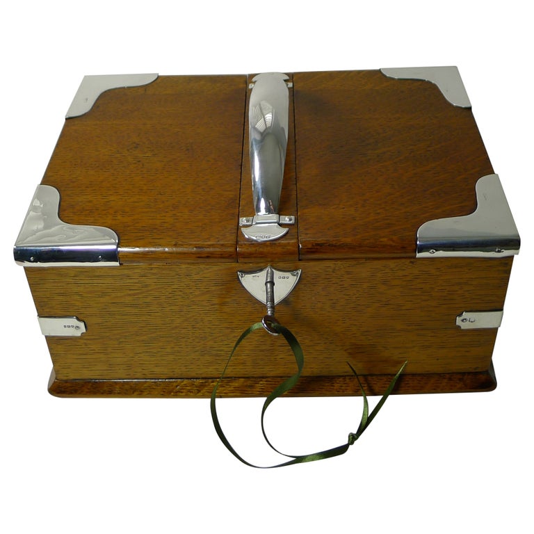 Large Antique English Sterling Silver Mounted Oak Cigar Box / Humidor ...