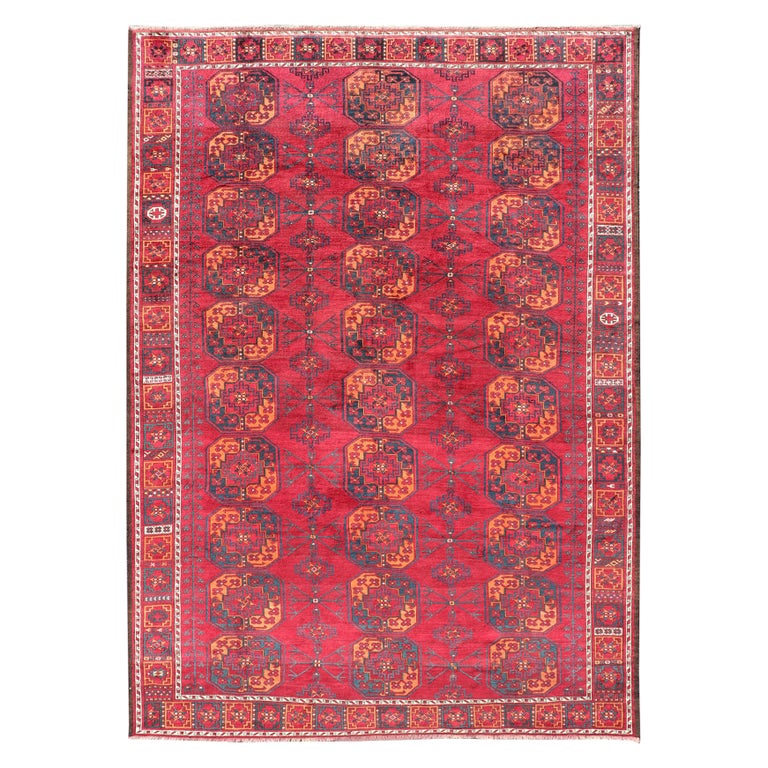 Antique Ersari Rug in Wool with Gul Design in Ivory, Blue, Red and ...