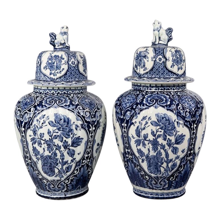 Large Antique Dutch Delft Lidded Ginger Jars Vases, Set of 2 at 1stDibs