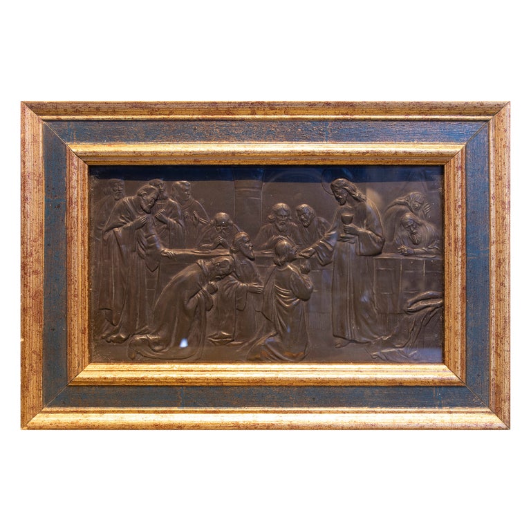1950s Spanish Brass Framed Repoussé Scene of Christ Giving Communion ...