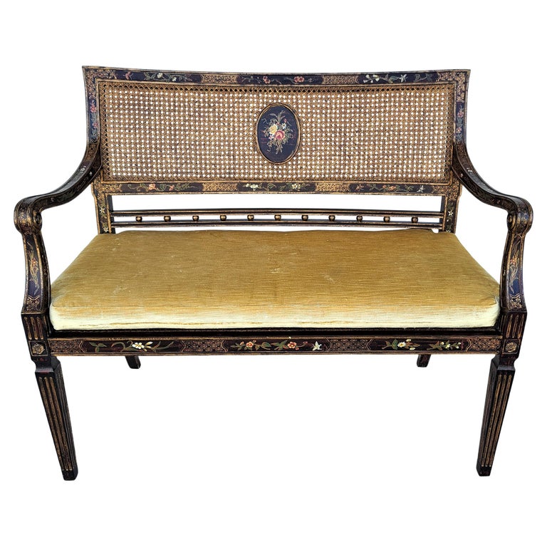 English Style Hand Painted Flowers Butterflies Cane Back and Seat ...