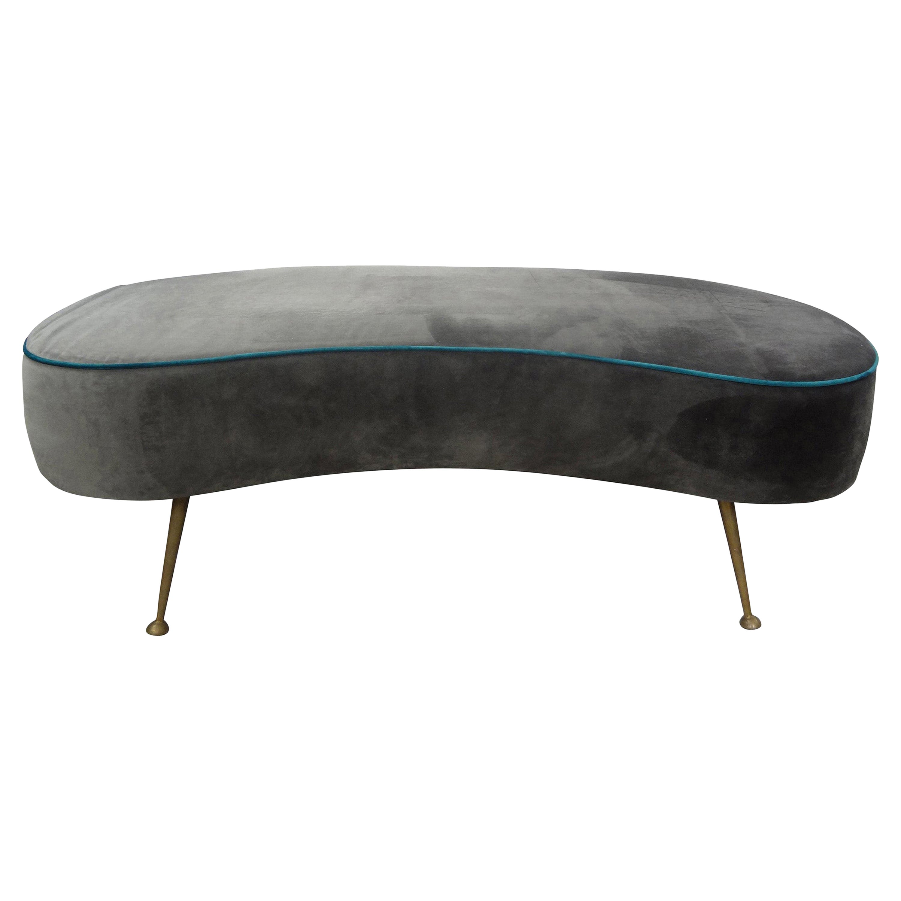 Tufted Aqua Velvet Ottoman Bench with Curved Brass Legs at 1stDibs