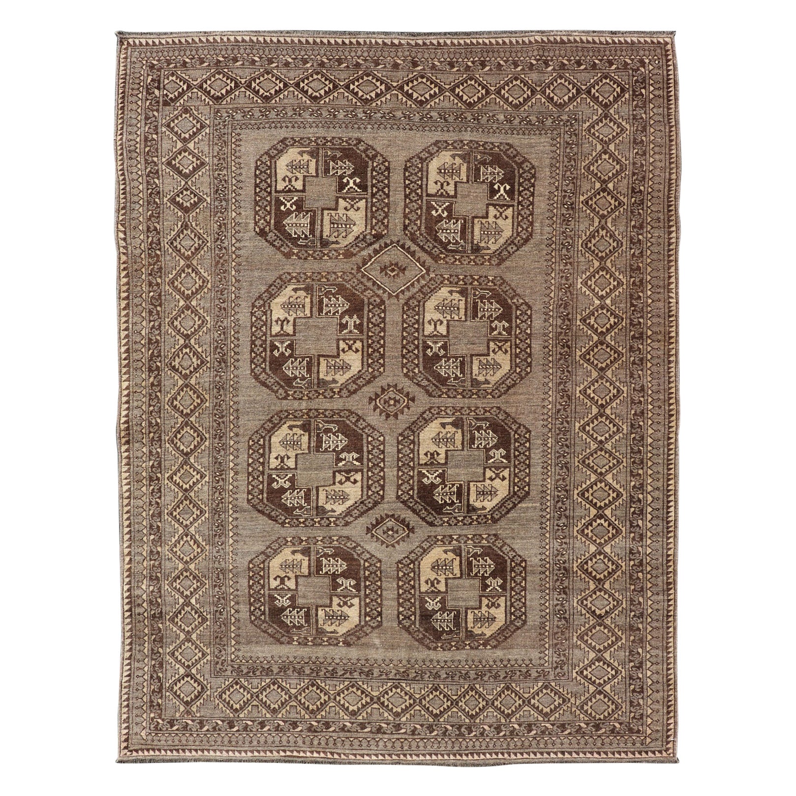 Vintage Turkomen Ersari Rug with Gul Design in Brown, Gray, Tan and ...