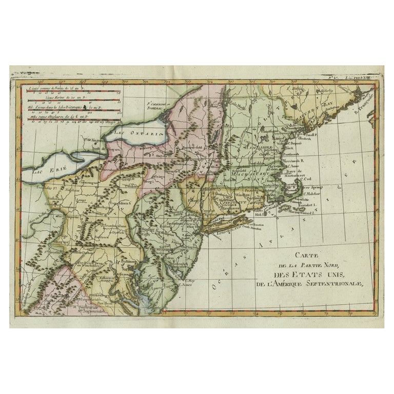 Old French Map with Details of New England, Lake Erie, Virginia ...