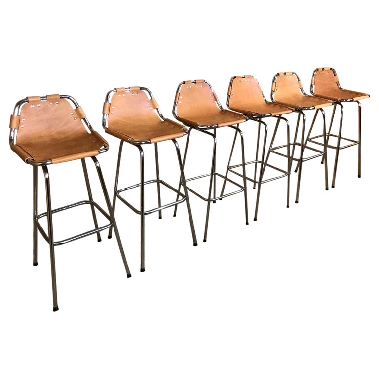 Vintage cognac colour Leather Stools Selected by Charlotte Perriand for ...
