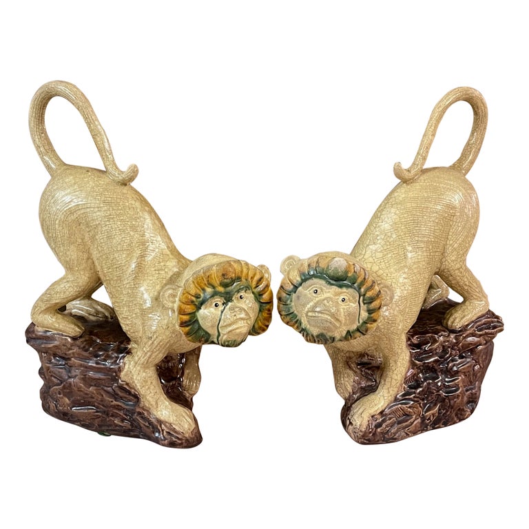 Ceramic Hand Painted Monkey Statues, a Pair For Sale at 1stDibs