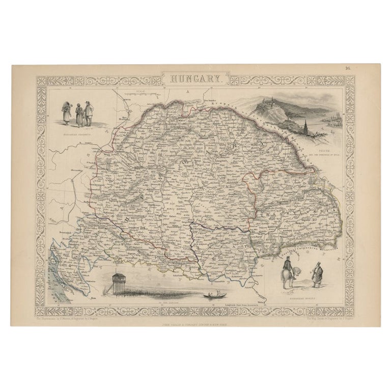 Old Engraved Map of Hungary with Decorative Vignettes, 1851 For Sale at ...