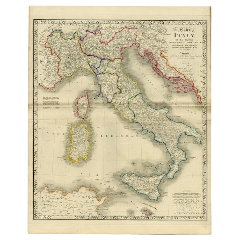 Large Antique Map of Italy with Corsica, Sardinia, Sicily and Malta ...