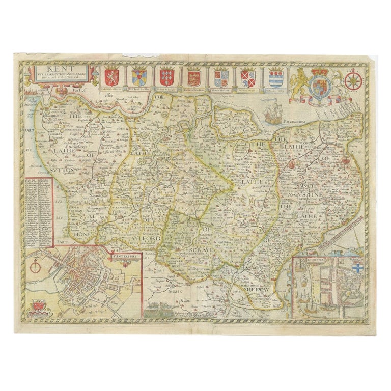 Antique Map of Kent with Inset Plans of Rochester and Canterbury ...