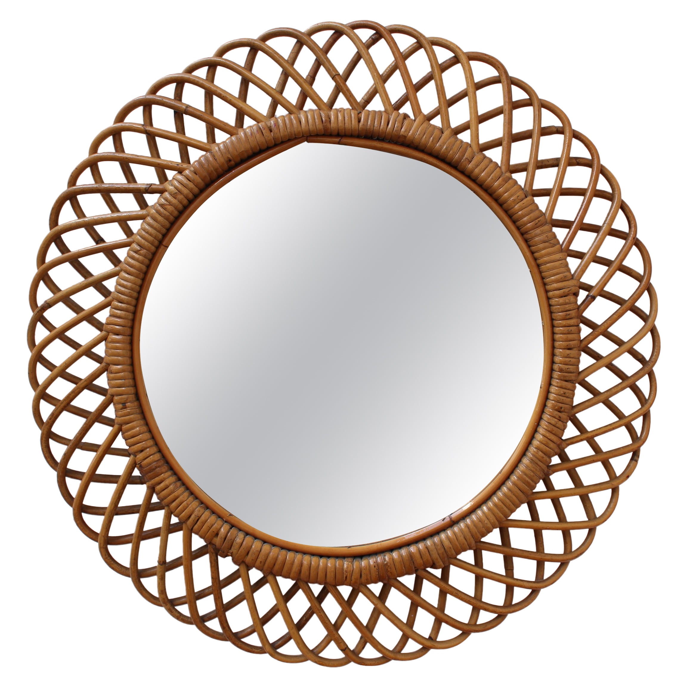 Midcentury Italian Rattan Round Wall Mirror, circa 1960s at 1stDibs