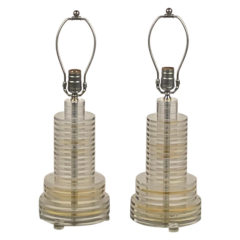 Pair of Sculptural 70's Clear and Tinted Lucite Disc Lamps For Sale at ...