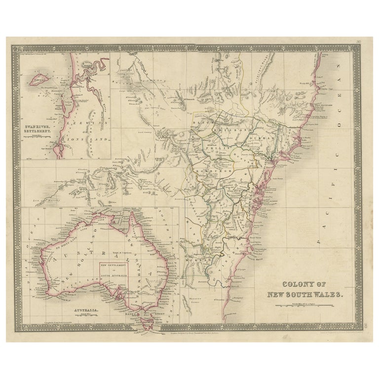Antique Map of New South Wales with Inset Maps of Australia and Swan ...
