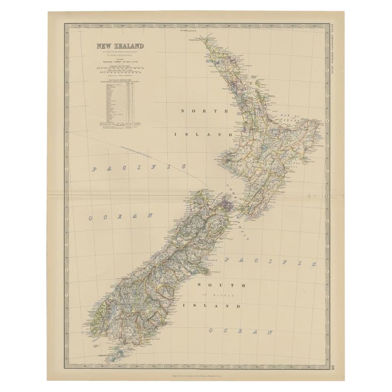 Antique Map of New Zealand by Scottish Geographer Johnston, 1882 For ...