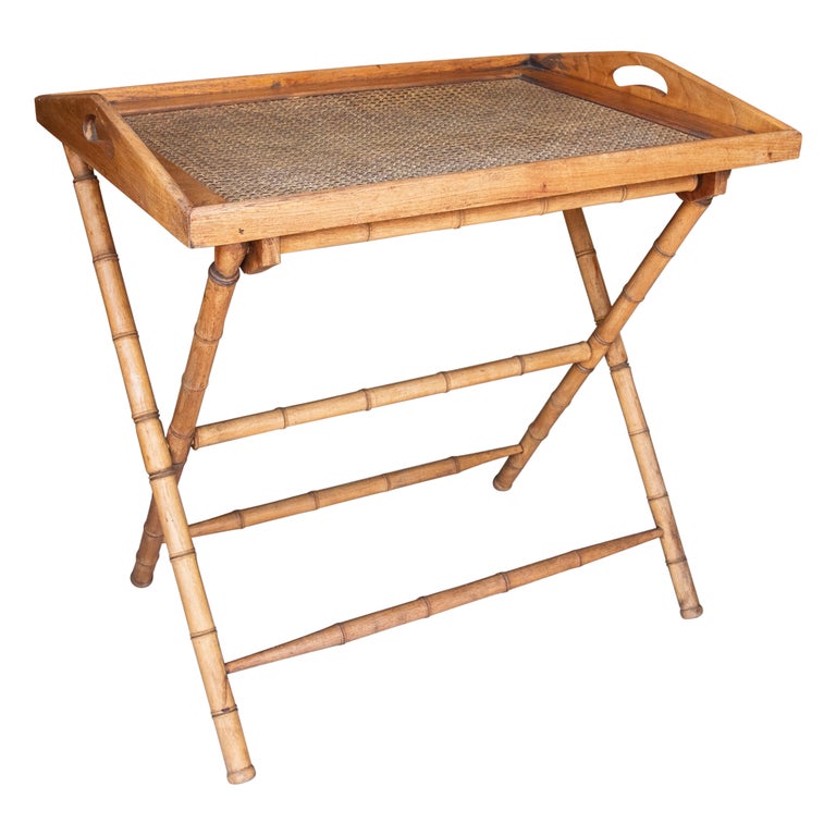 1980s Table with Wooden Tray Imitating Bamboo and Wicker at 1stDibs