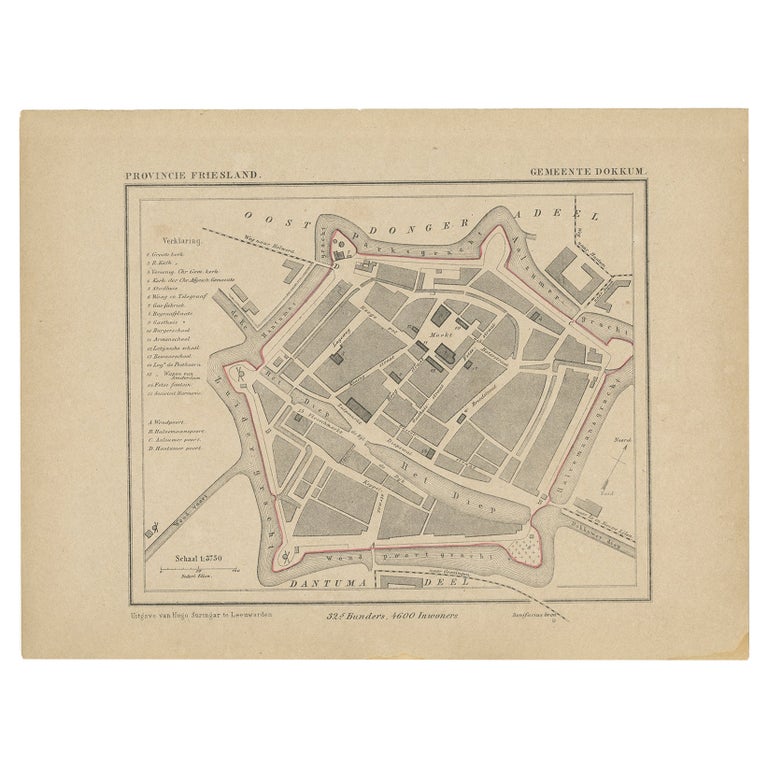 Antique Map of Dokkum, City in Friesland, the Netherlands, 1868 For ...