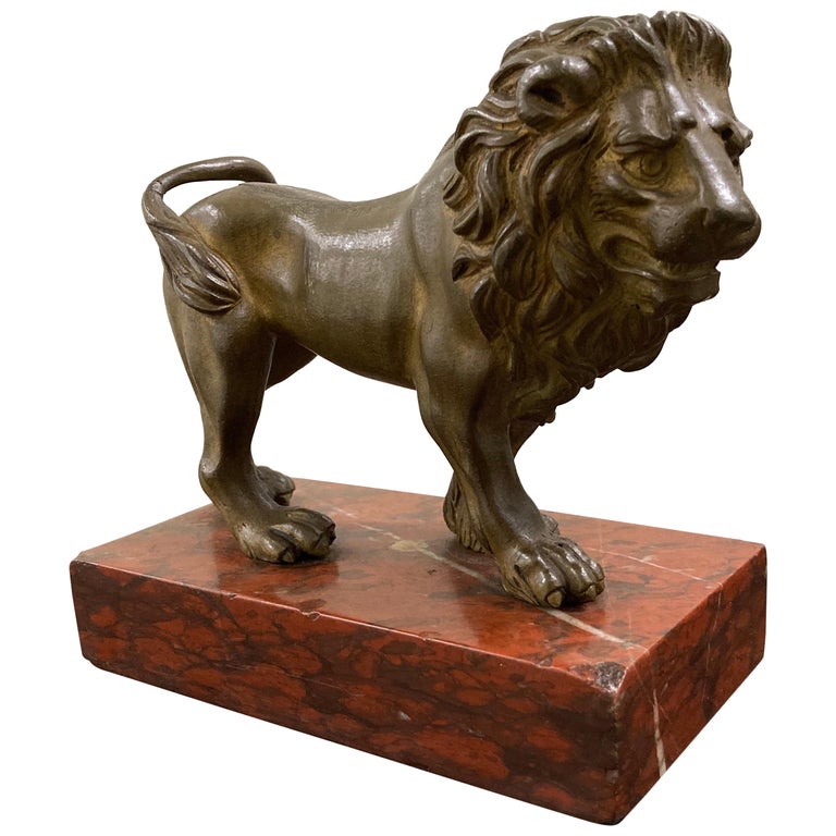 18th Century French Bronze Lion on a Rouge Antico Marble Base at 1stDibs
