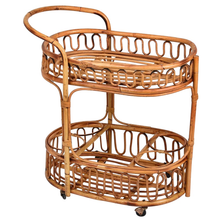 Midcentury Italian Bamboo and Rattan Oval Serving Side Bar Cart, 1960s ...