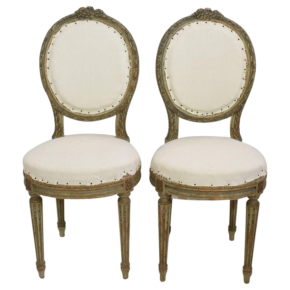 Pair of Louis XVI Grey-Painted Oval Back Side Chairs at 1stDibs