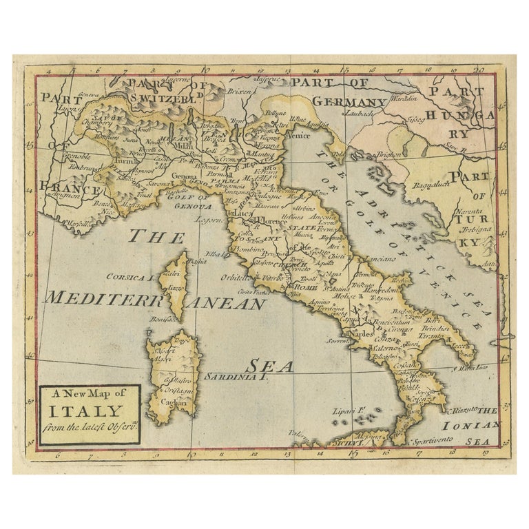 Antique Map of Italy from the Latest Observation in the 18th Century, C ...