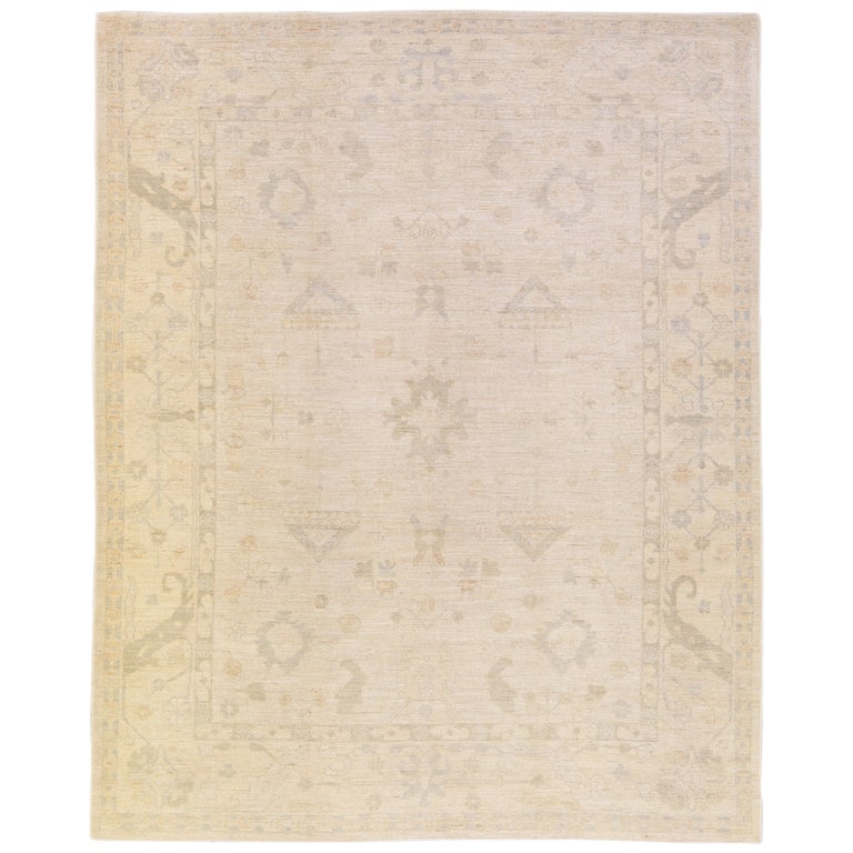 Modern Turkish Oushak Handmade Beige Geometric Floral Pattern Wool Rug ...