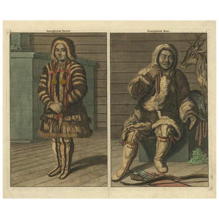 Antique Hand-Coloured Print of Samoyedic People of Northern Russia, c ...