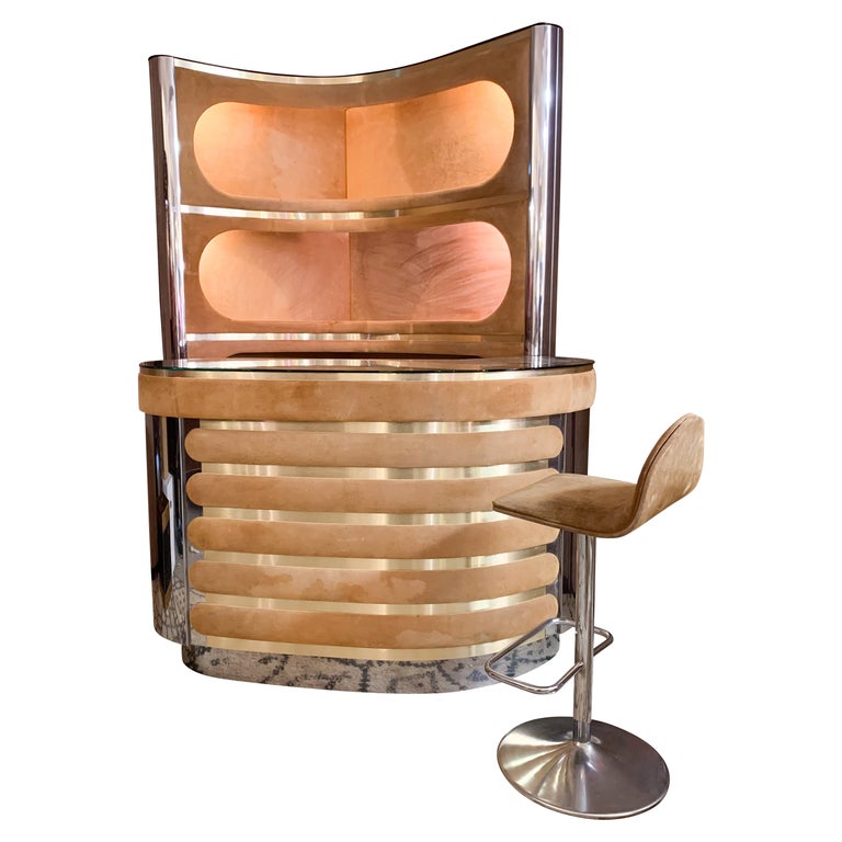 Mid-Century Modern Suede Bar by Willy Rizzo with One Stool, Italy 1970s ...